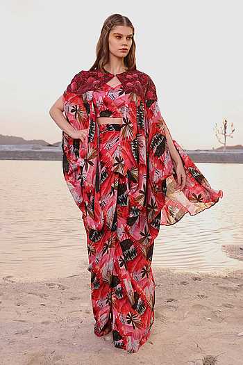 Buy Multi Color Natural Crepe Printed Maple Leaf Round Cape Draped ...