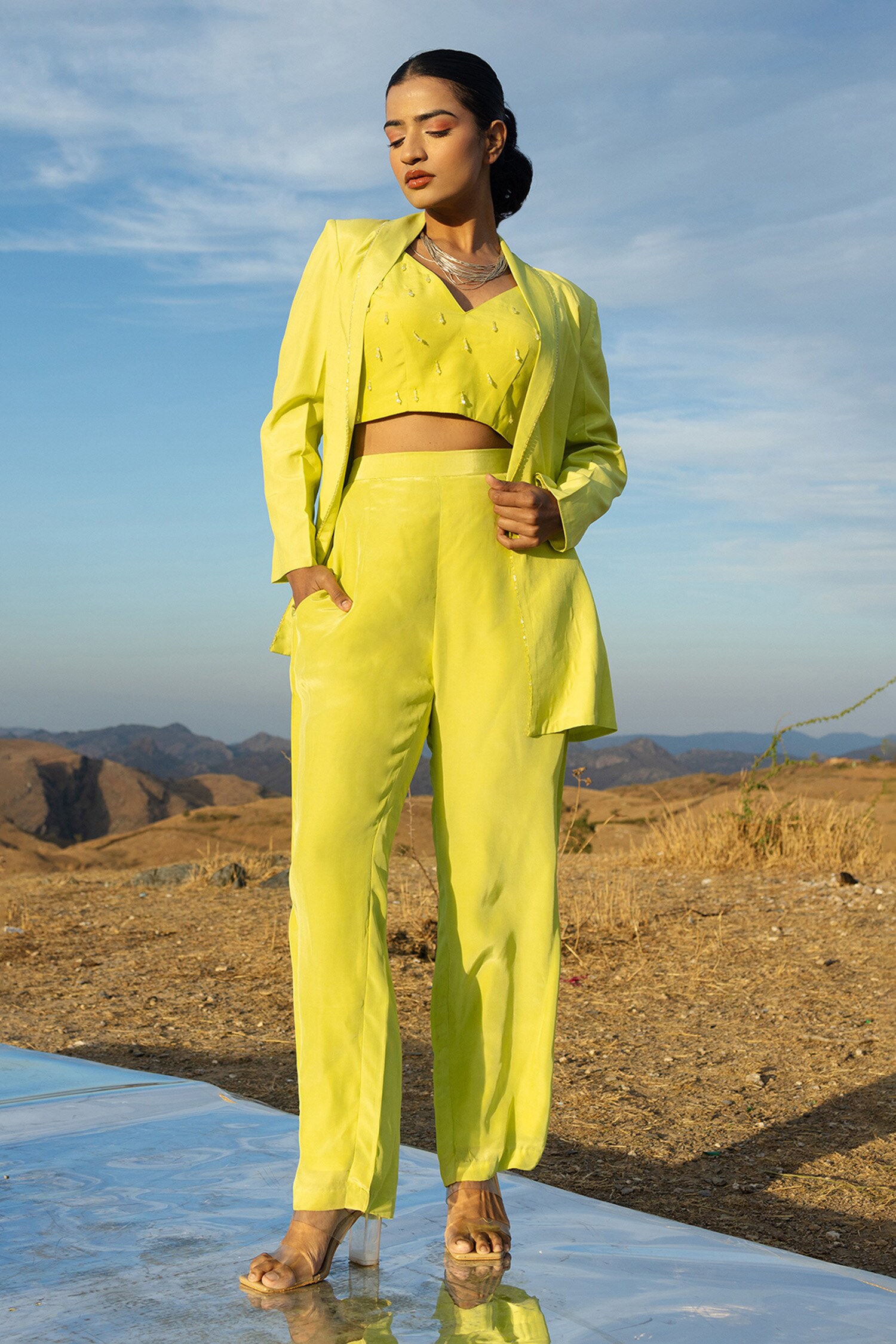 Buy Green Natural Crepe Embellished Bead Jacket Shawl Collar Boss Lady ...