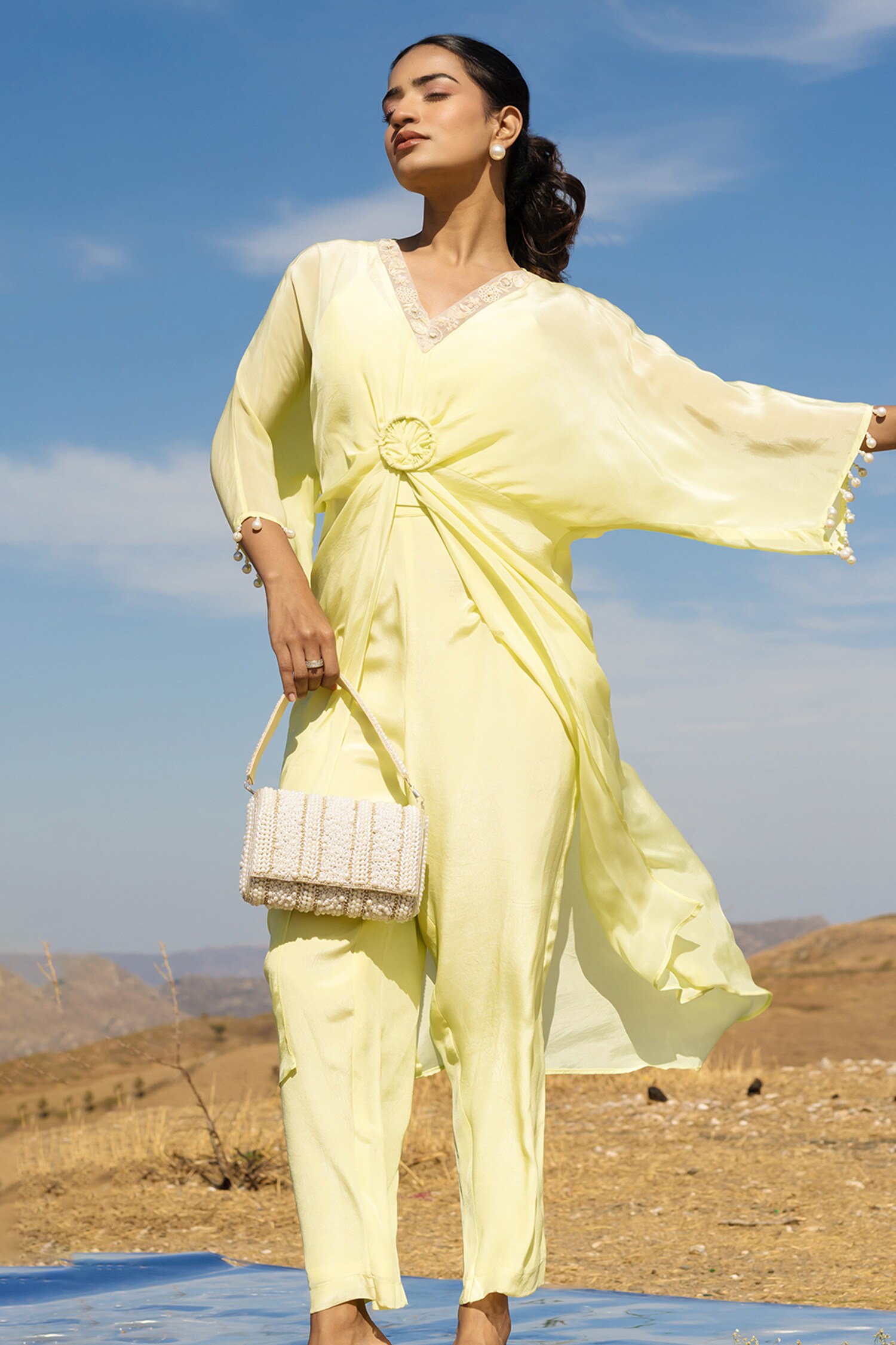 Buy Green Natural Crepe Embellished Pearl French Knot Moti Ring Kurta ...