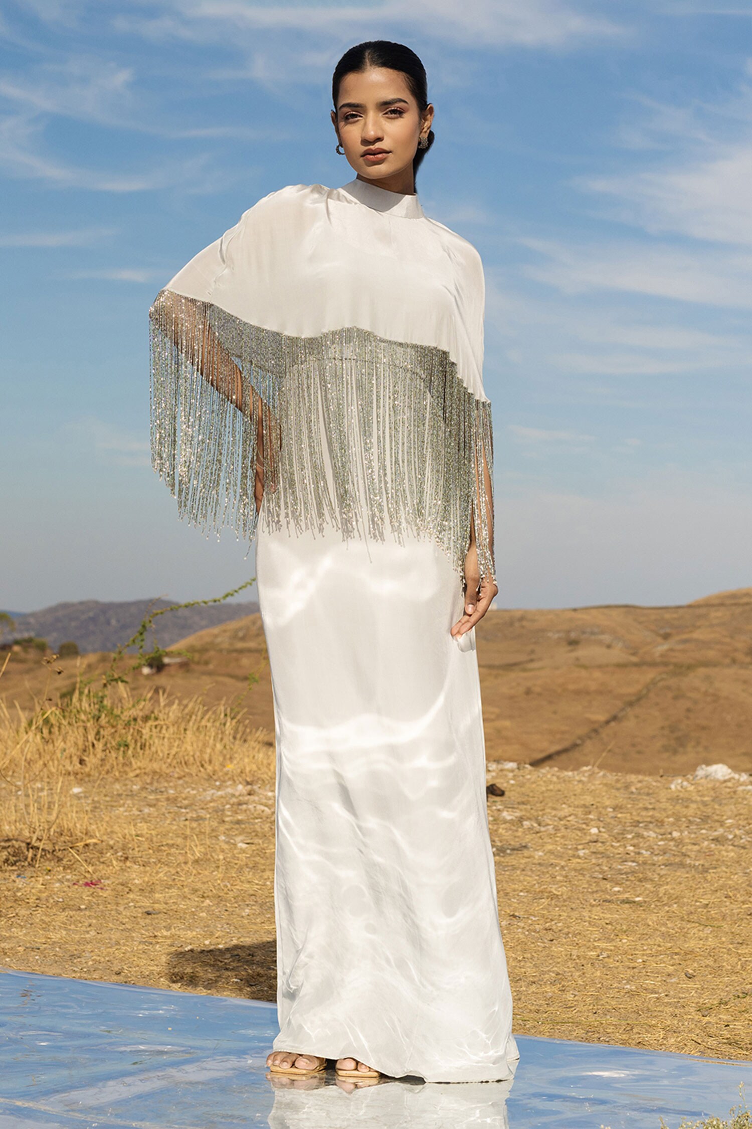 Buy Grey Natural Crepe Embellished Bead Cape Band Veronica Tassel With ...