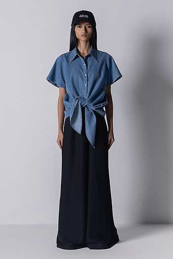 Buy Blue Denim Embellished Jewel Shirt Collar Ak Front Tie For Women by ...