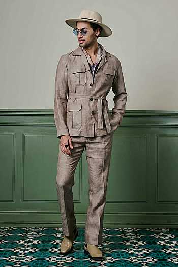 Buy Beige Herringbone Textured Linen Plain Jacket With Trouser For Men ...