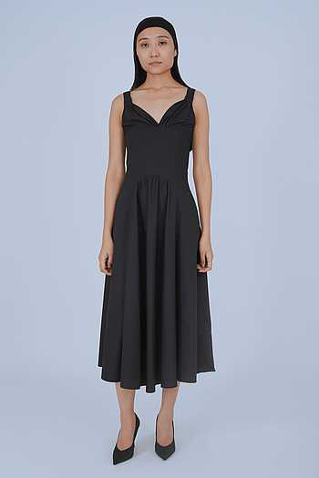 Buy Black 100% Cotton Solid V Neck Plain Knot Dress For Women by Leh ...
