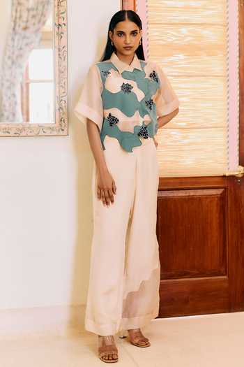 Buy Beige Bib Organza Collared Color Blocked Swirl Top Boot Cut Pant ...