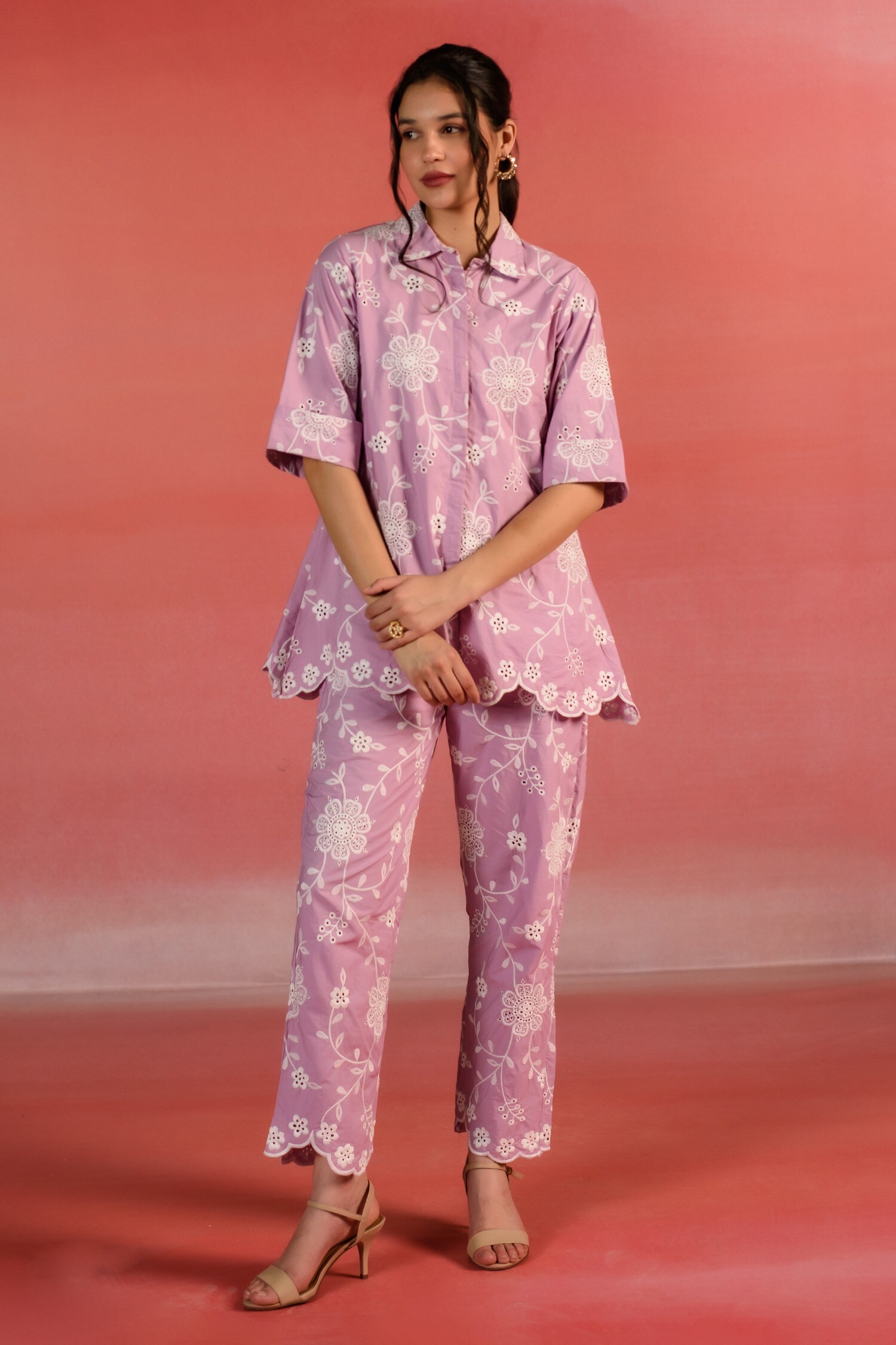 Buy Purple Poplin Embroidery Thread Collar Puce Shirt And Pant Set For ...