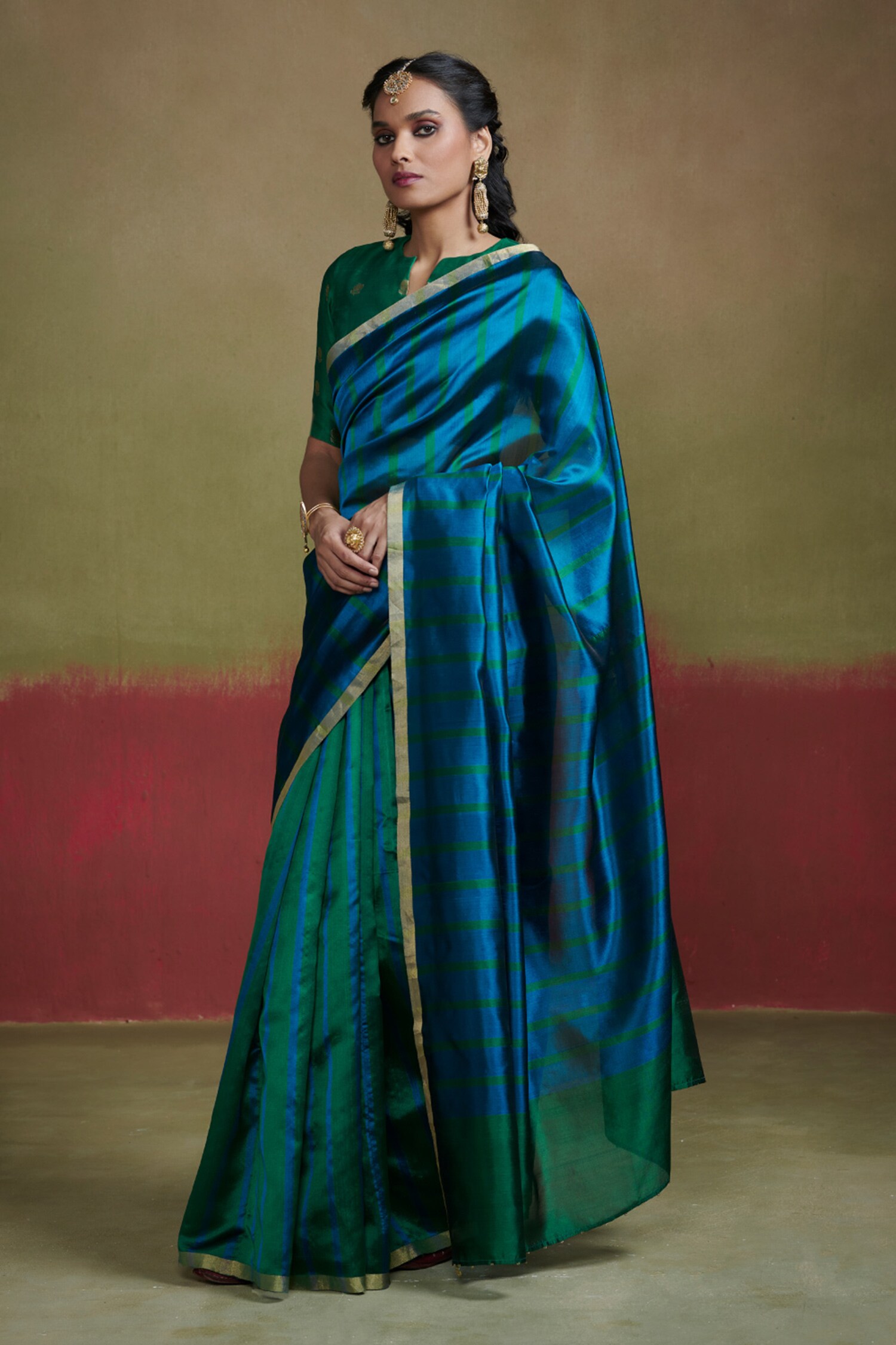 Buy Green Silk Woven Stripe Two Tone Saree With Unstitched Blouse Piece ...