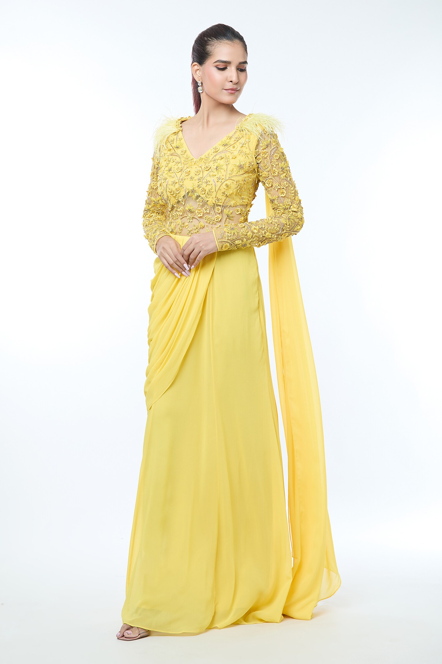 Buy Yellow Georgette Embellished 3d Flower V Floral Saree Gown For ...