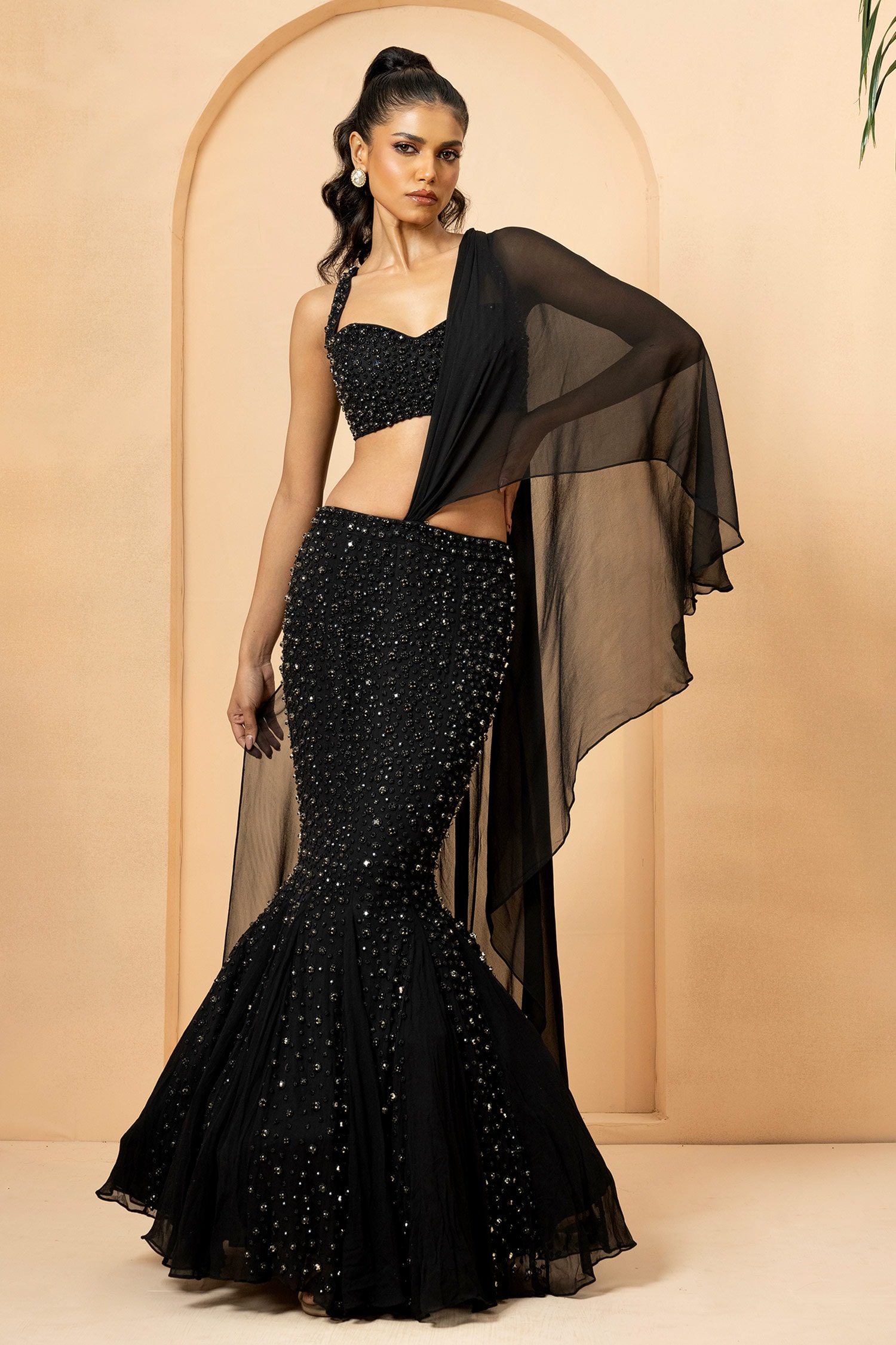 Buy Black Georgette Embellished Crystal Sequin Fishtail Lehenga Saree ...