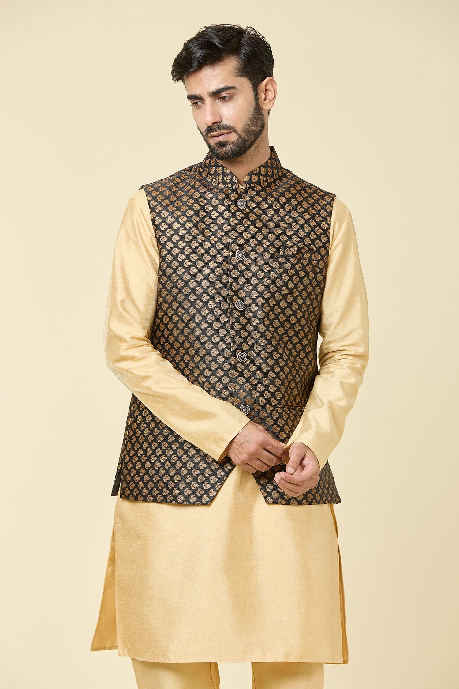 Buy Black Jacquard Woven Floral Butti Bundi For Men by Aryavir Malhotra ...
