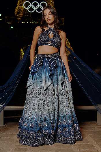Buy Blue Linen Silk Geometric Crystal Embellished Panel Bridal Lehenga ...
