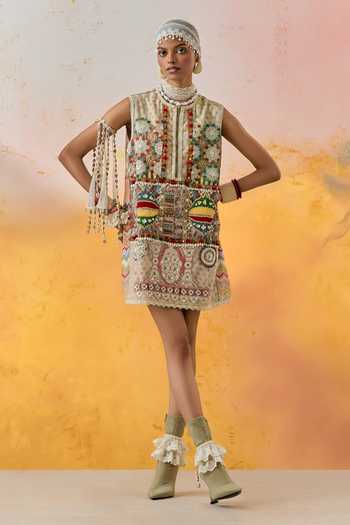 Buy Multi Color Net Embroidery Moti Round Mehru Dress For Women by ...