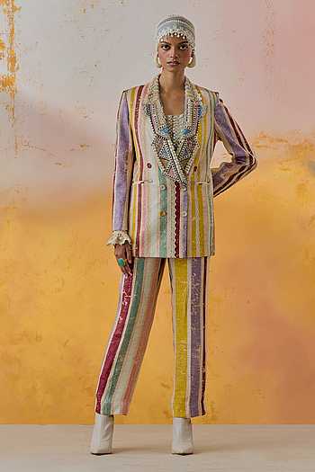 Buy Multi Color Jacket And Trouser Slub Satin Embroidered Mother Noori ...