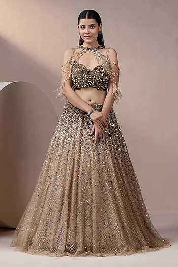 Buy Gold Net Embroidered Pearl Blouse Plunge Lehenga Set With Cape For