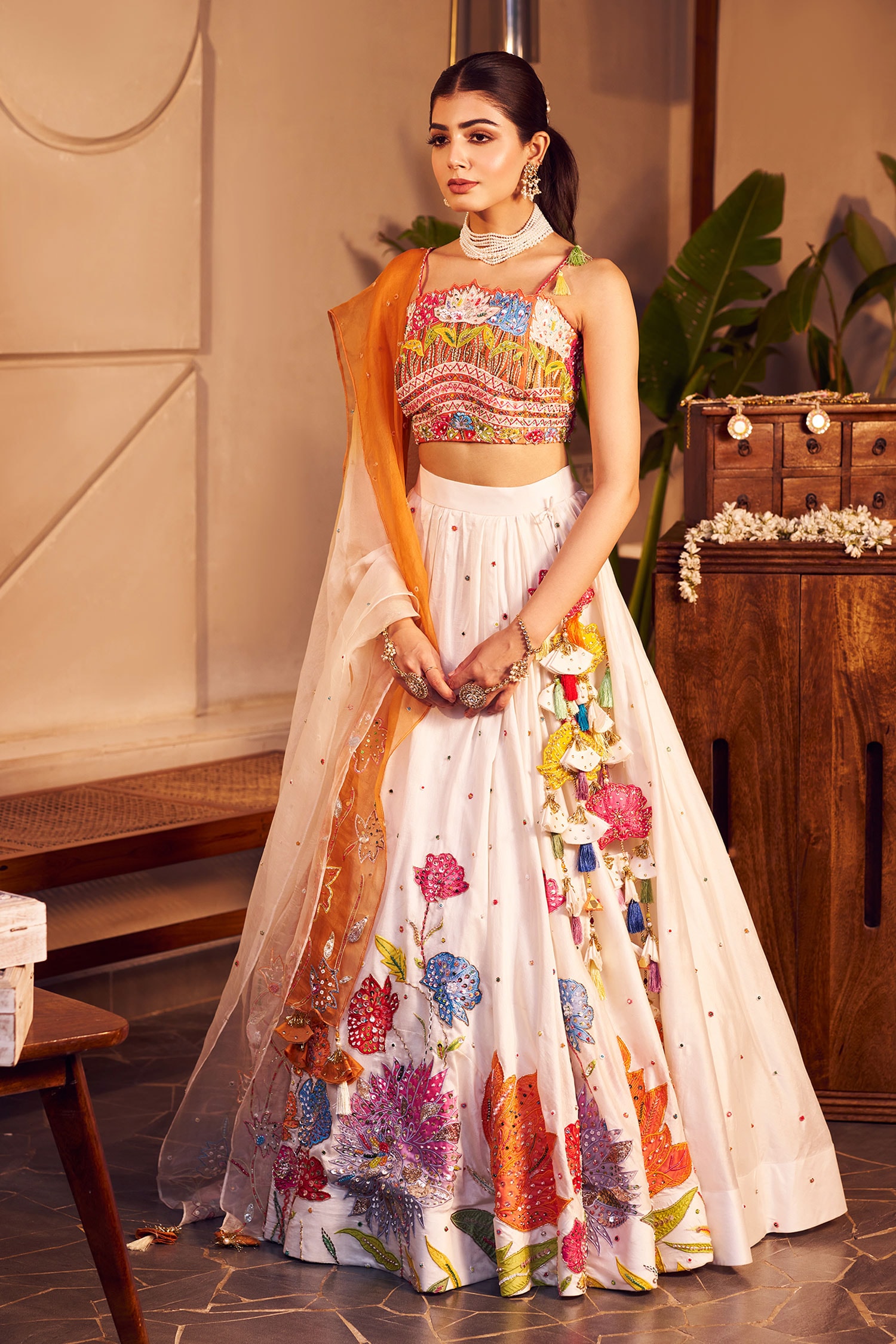 Buy Ivory Chanderi Embroidered Thread Tamannah Floral Patchwork Lehenga ...