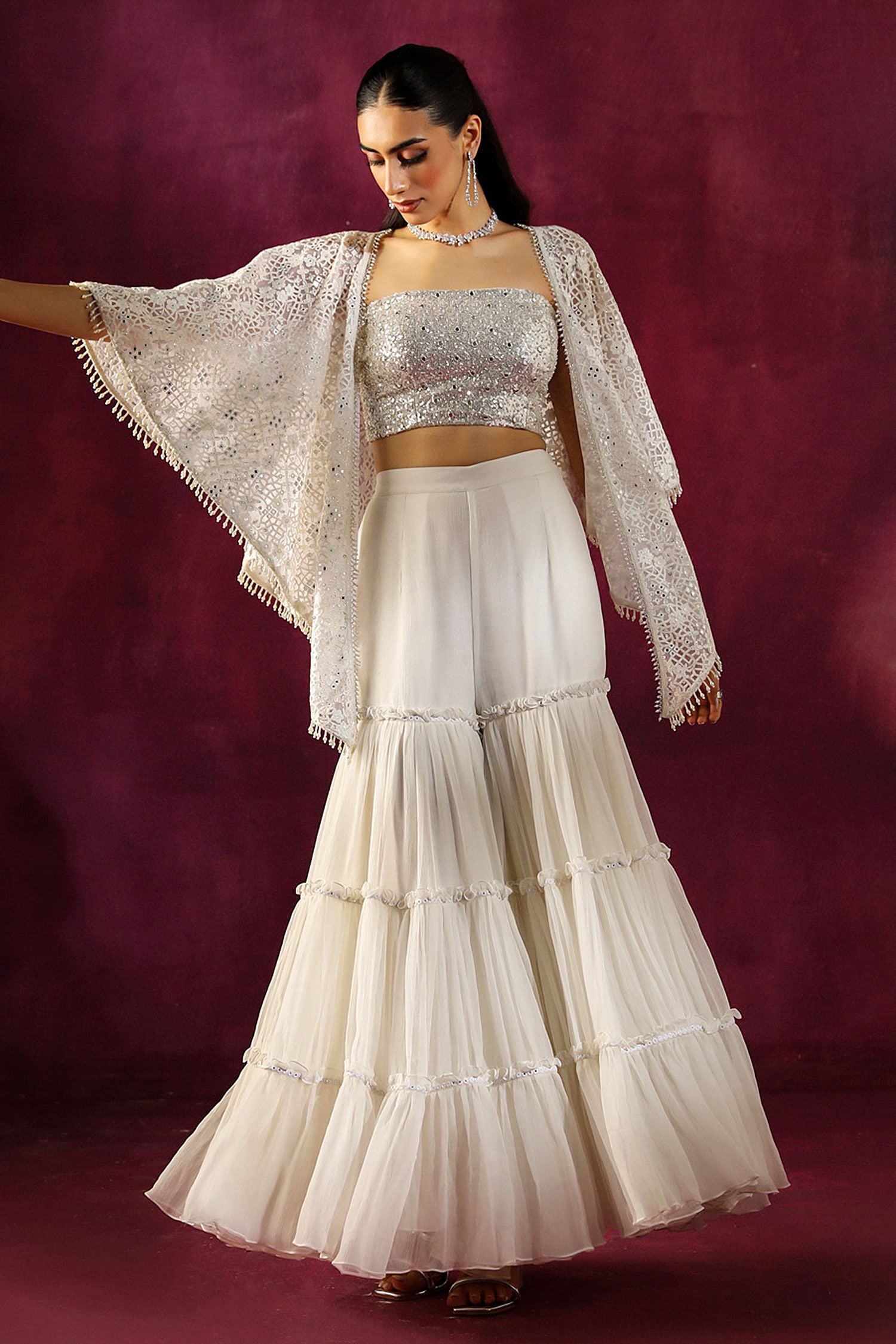 Buy White Lace Mirrorwork Embroidery Front Open Cape Jacket For Women ...