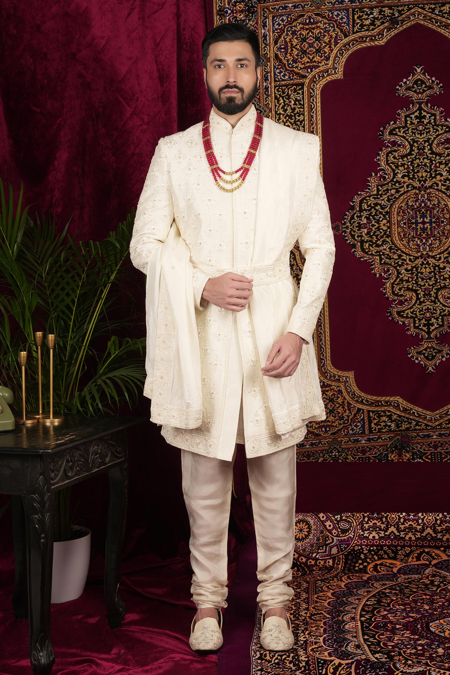Buy Ivory Raw Silk Embroidered Thread Floral Butti Sherwani Set For Men ...