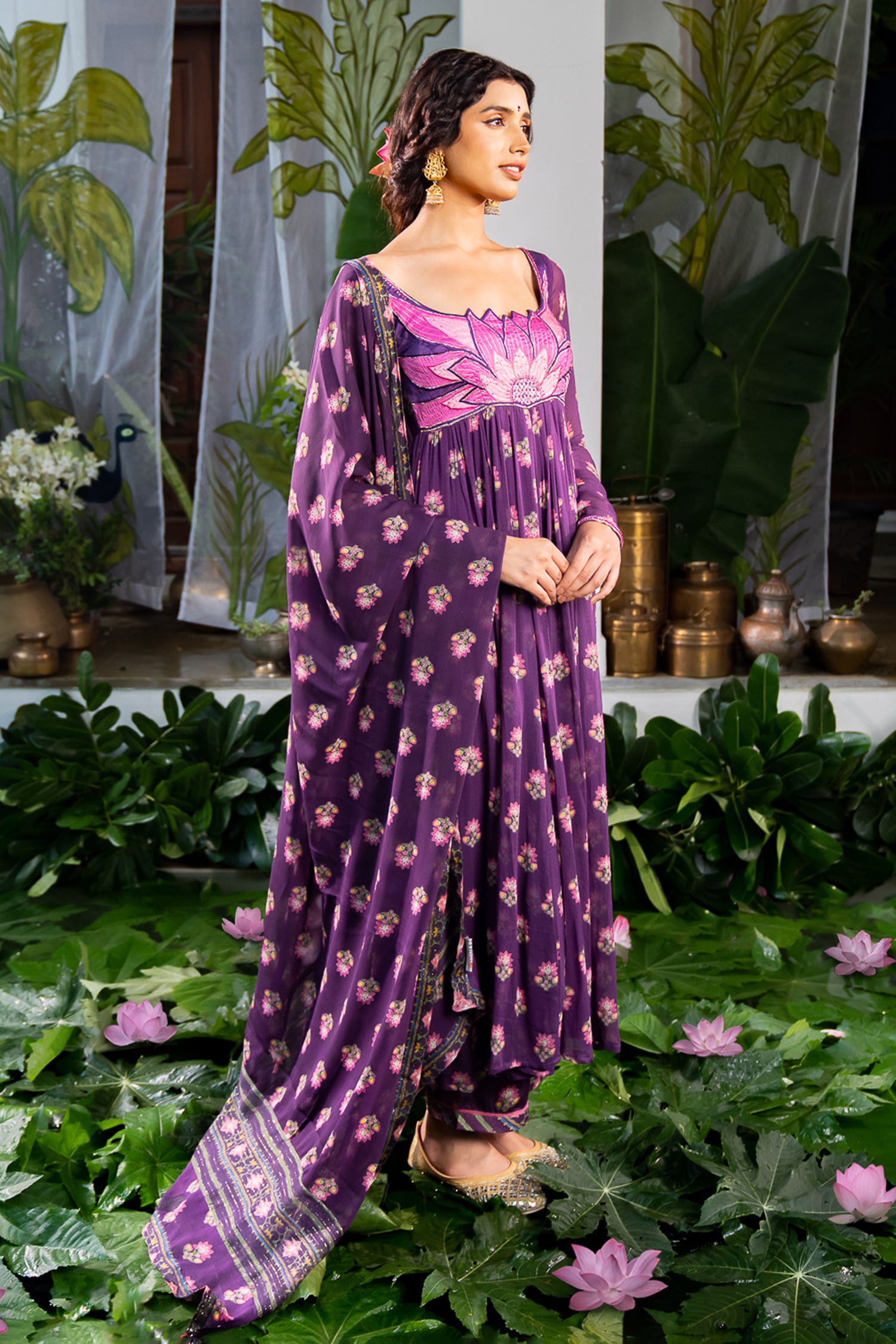 Buy Purple Chiffon Printed Floral Butti Cutwork Jinal Anarkali For ...