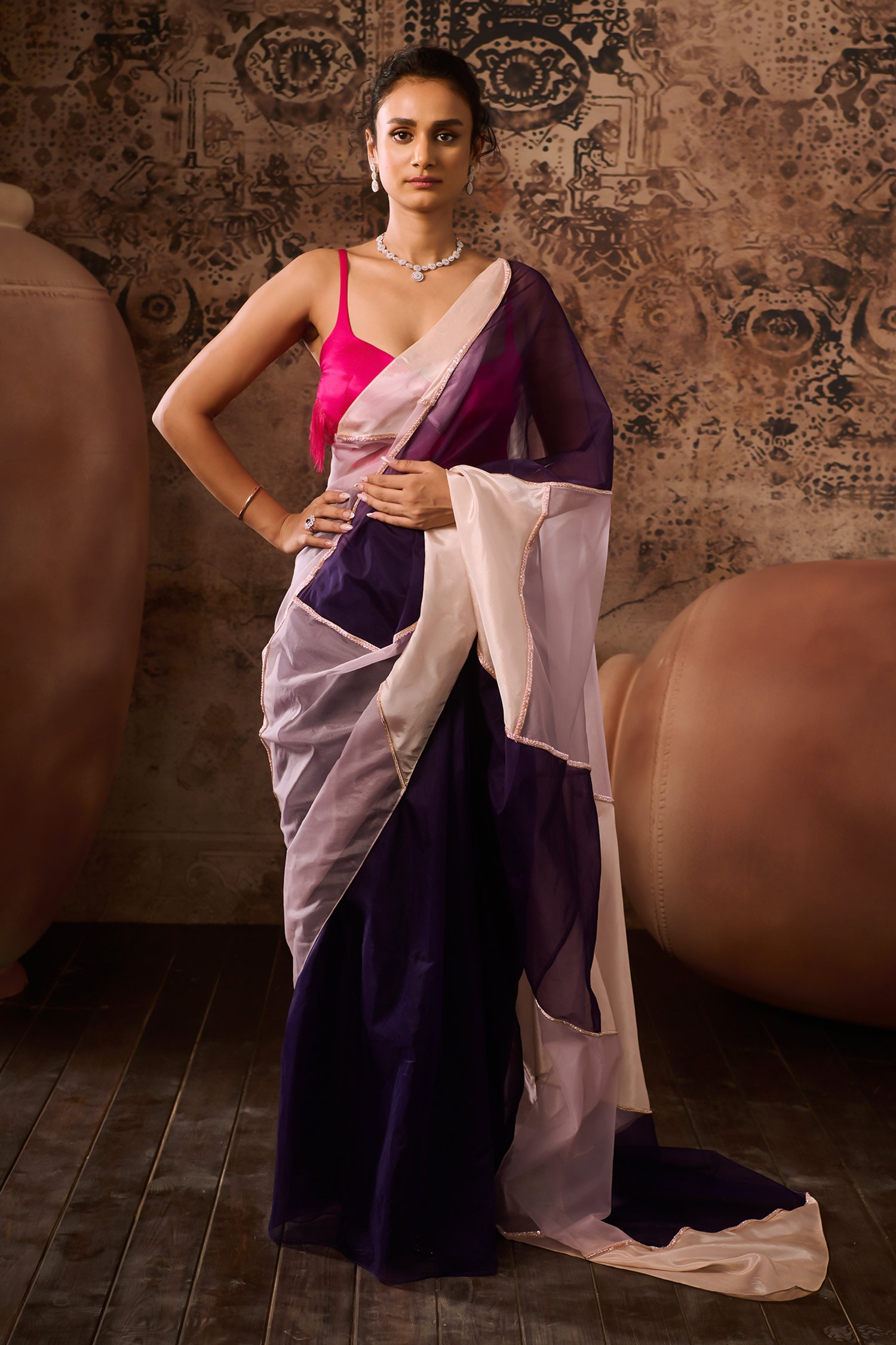 Buy Multi Color Mashroo Placement Hand Two Tone Saree With Contrast ...