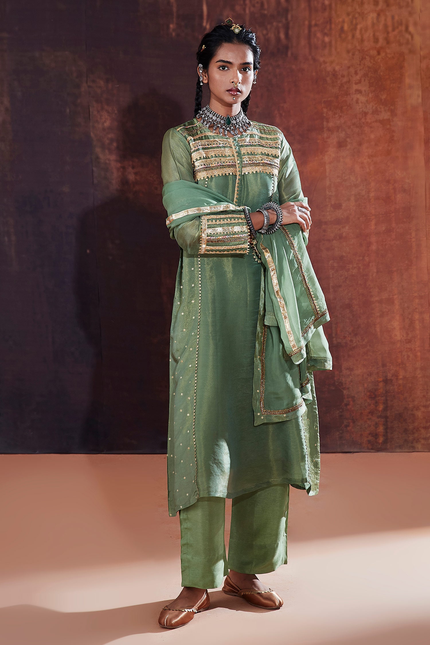 Buy Green Tissue Silk Jacquard Embroidery Sequin Round Yoke Kurta Set ...