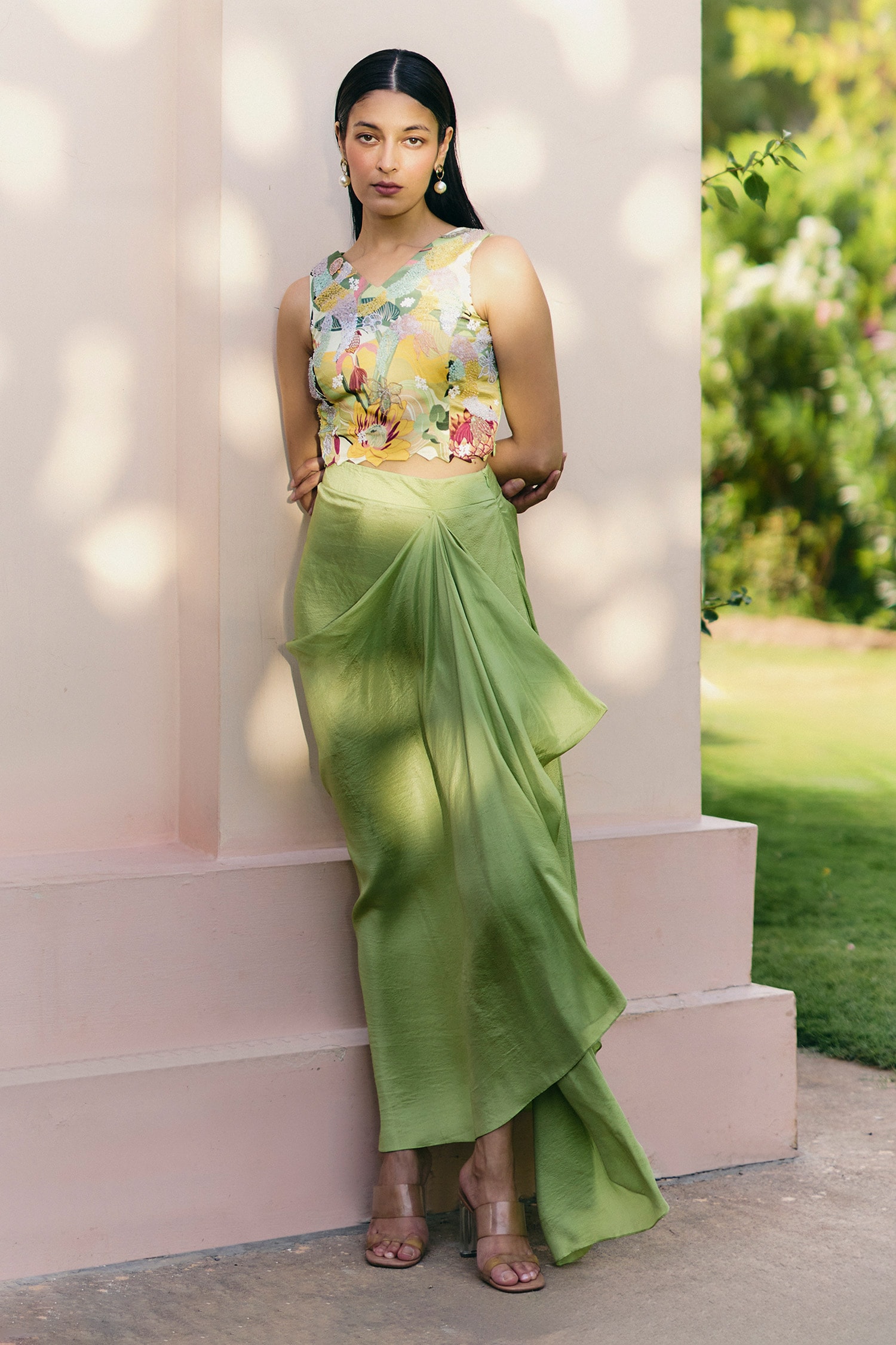 Buy Green Top Silk Satin Printed Floral V Neck Cutwork And Skirt Set For Women by Studio Radical ...