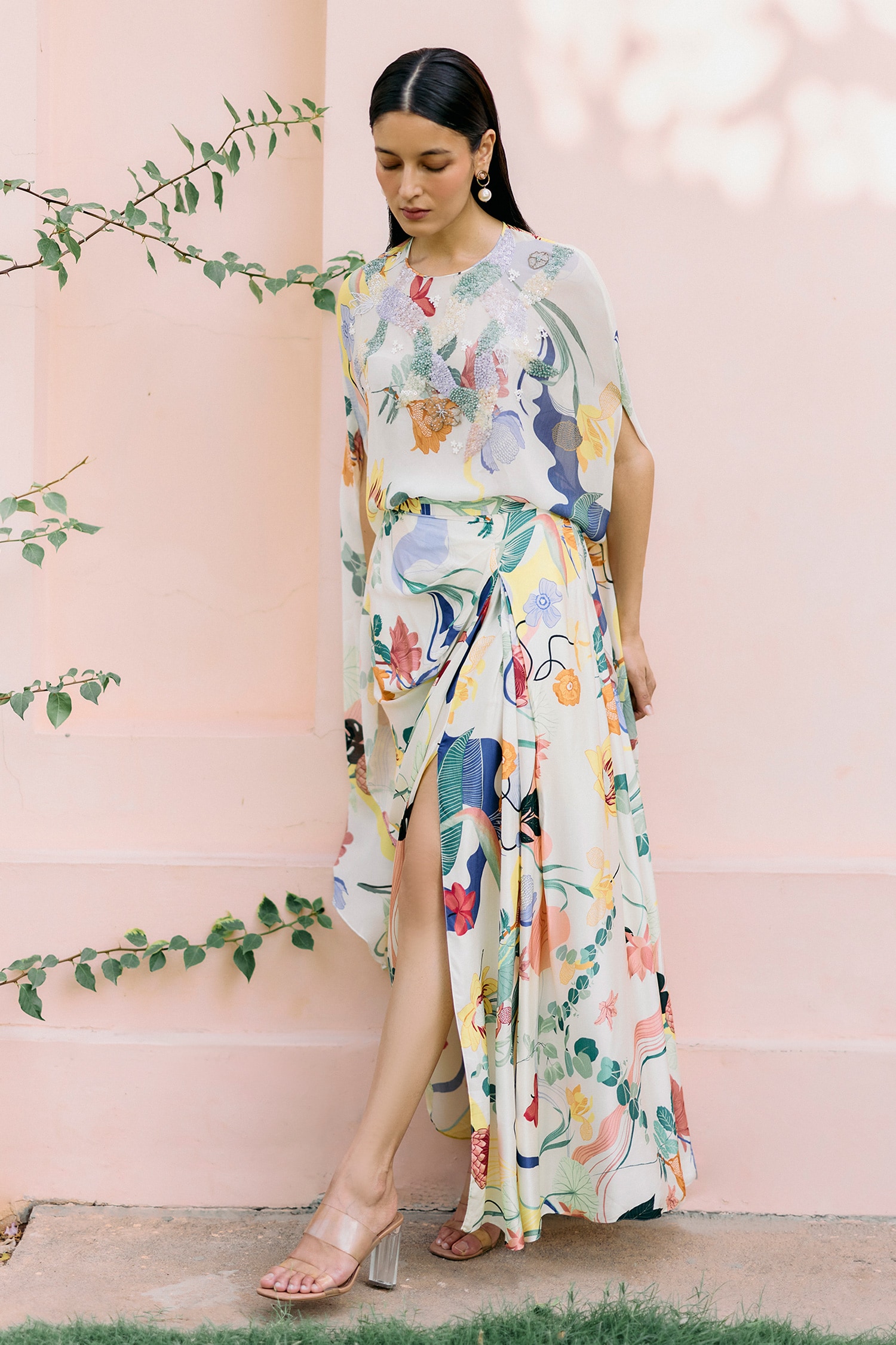 Buy Off White Cape Top Georgette Printed Floral Round Paradise Beaded Skirt Set For Women by ...