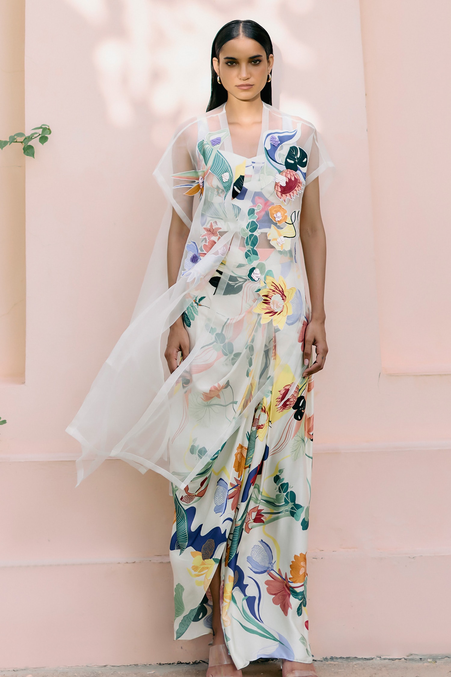 Buy Off White Cape Organza Printed Floral Cape Applique Embroidered Skirt Set For Women by ...