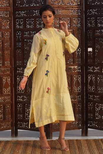 Buy Dhaari Yellow Embroidered Cotton Silk Dress Online | Aza Fashions