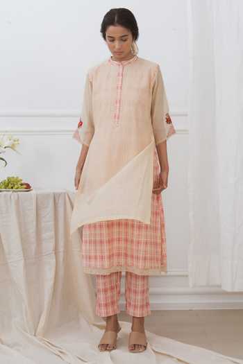 Buy Beige Cotton Silk Embroidered Kantha Jewel Handwoven Layered Kurta ...