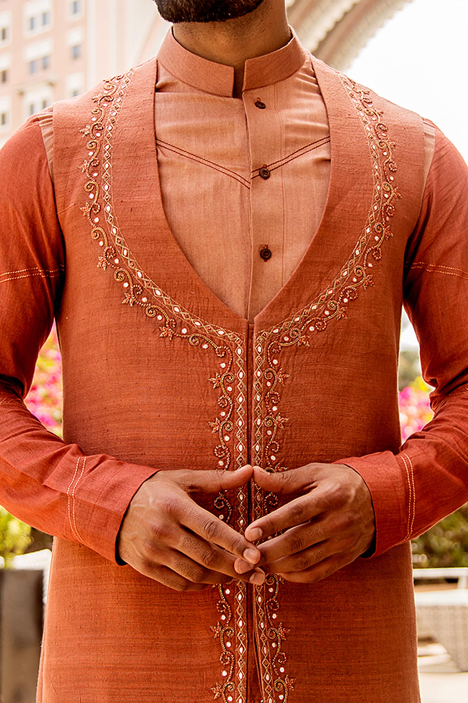 Buy Soniya G- Men Brown Silk Embroidered Jacket And Kurta Set Online ...