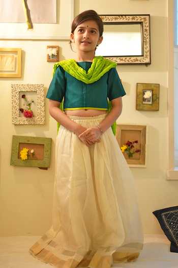Buy Love The World Today Green Panna Handwoven Lehenga Set For Girls ...