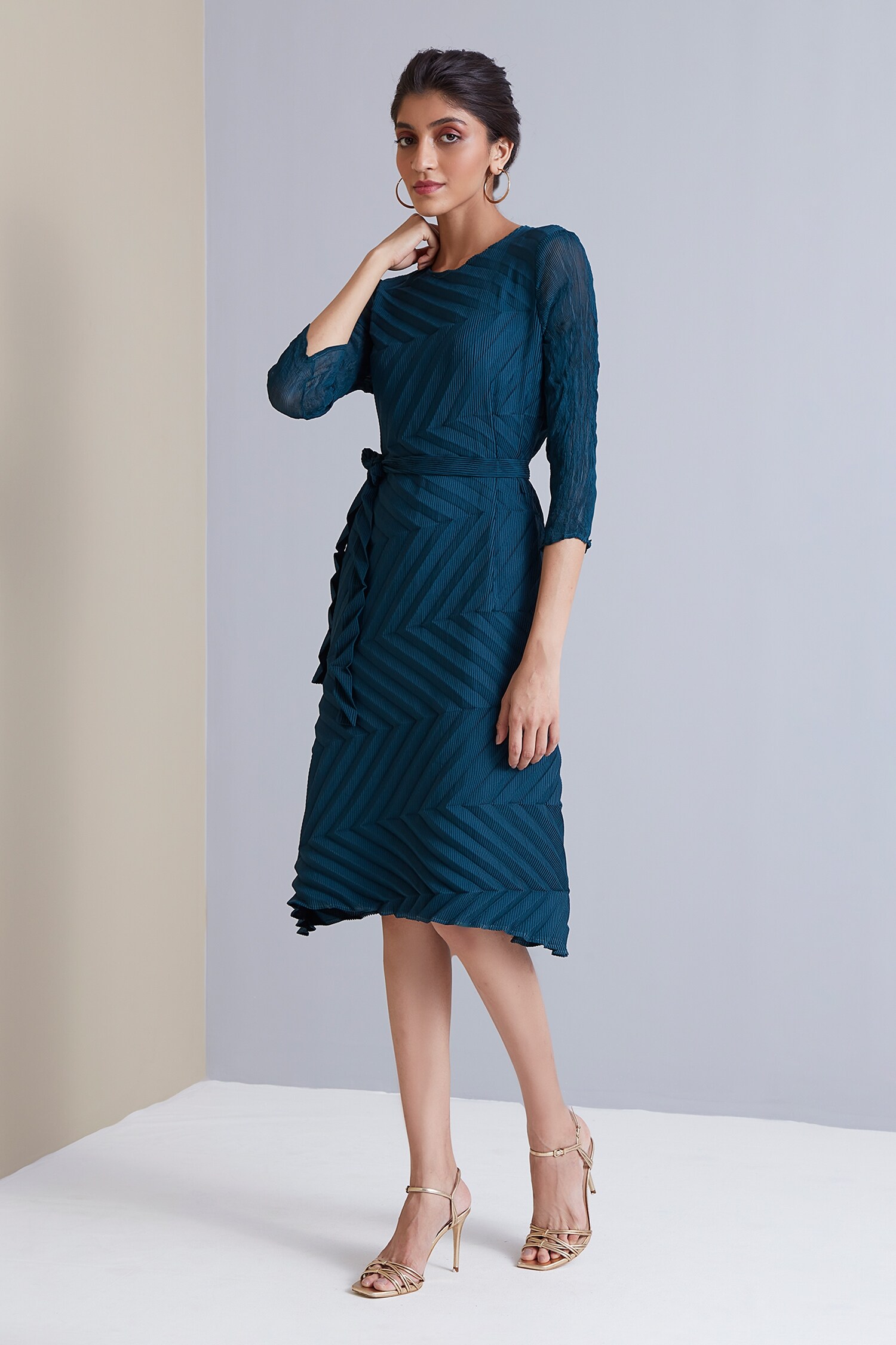 Buy Scarlet Sage Blue Polyester Vera Chevron Pleated Dress Online | Aza ...