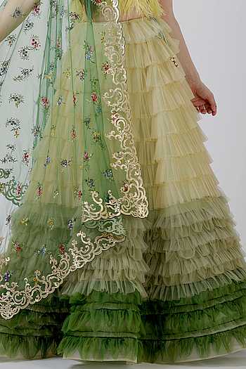 Buy Geisha Designs Green Nylon Ruffle Lehenga Set Online | Aza Fashions