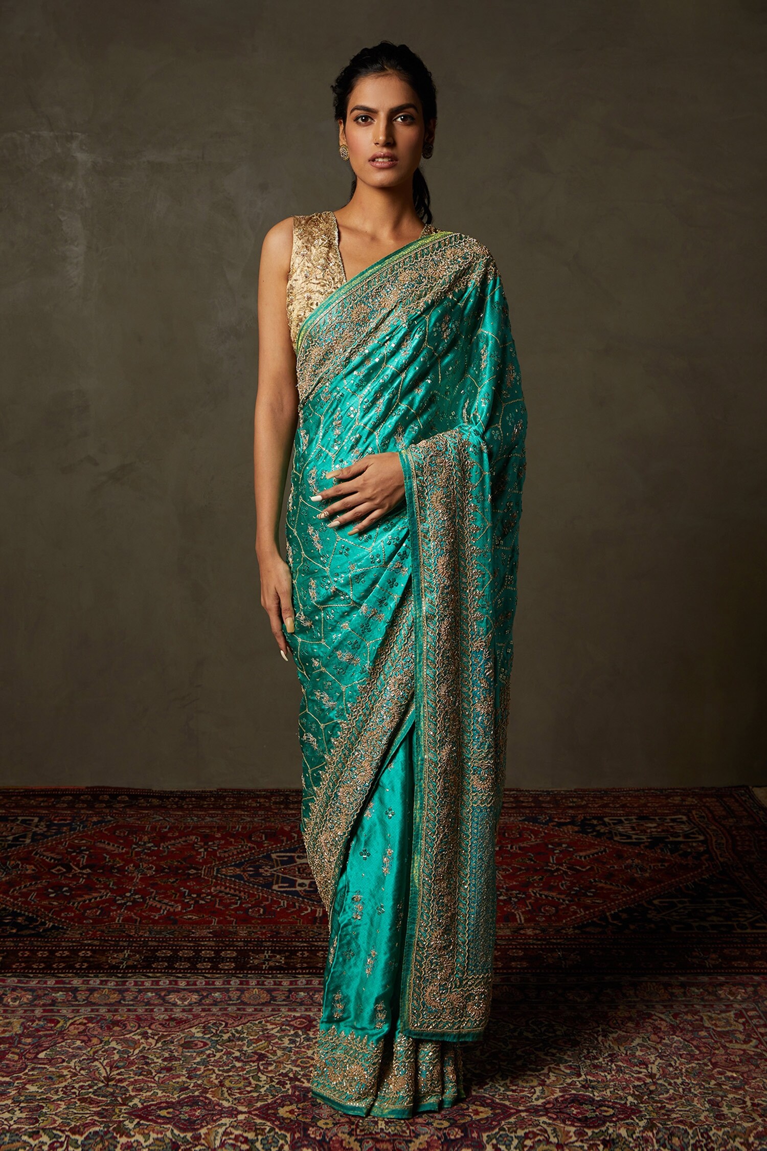 Buy RI.Ritu Kumar Green Tania Embroidered Saree Online | Aza Fashions