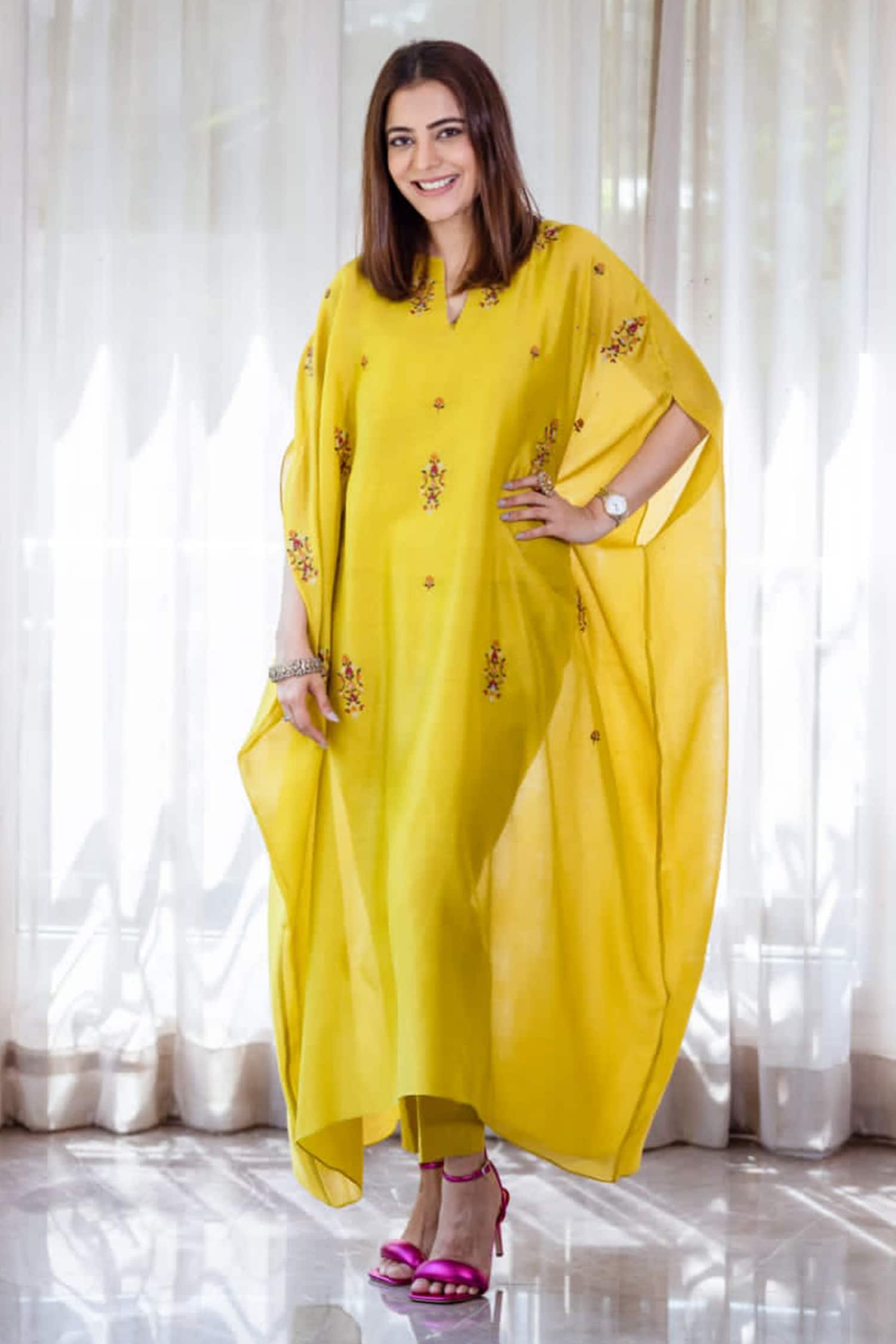 Buy Shikha Mehta Green Silk Chanderi Asmee Kaftan And Pant Set Online ...