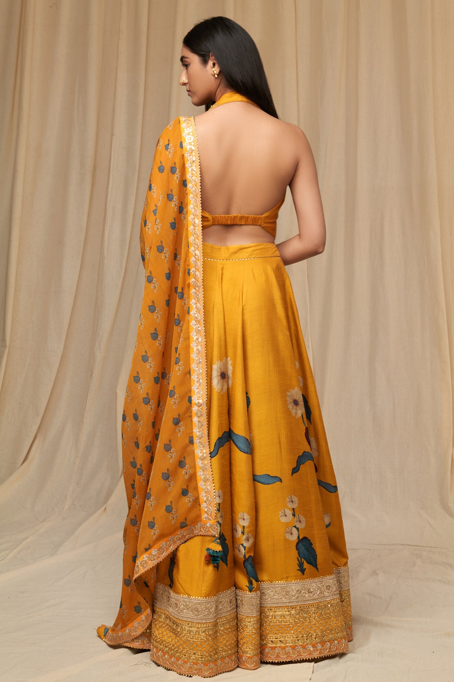 Buy Masaba Yellow Raw Silk Spring Blossom Print Lehenga Set Online ...