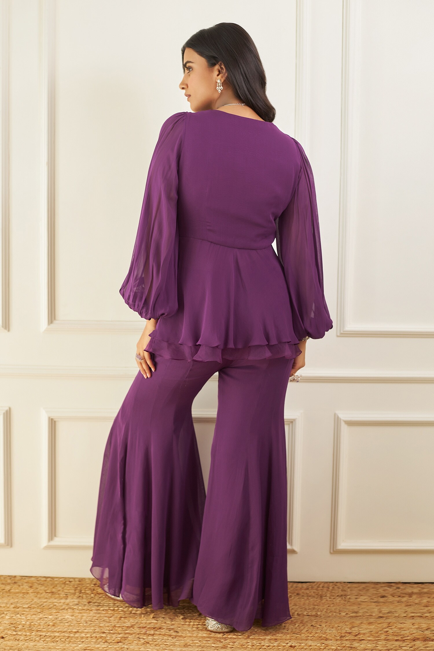 Buy Sanya Gulati Purple Shantoon Layered Ruffle Peplum And Flared Pant ...