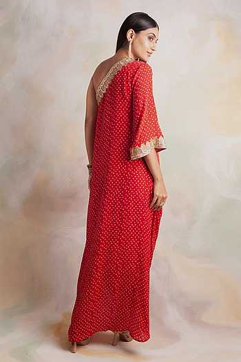 Buy Palak & Mehak Red Crepe One Shoulder Bandhani Dress Online | Aza ...