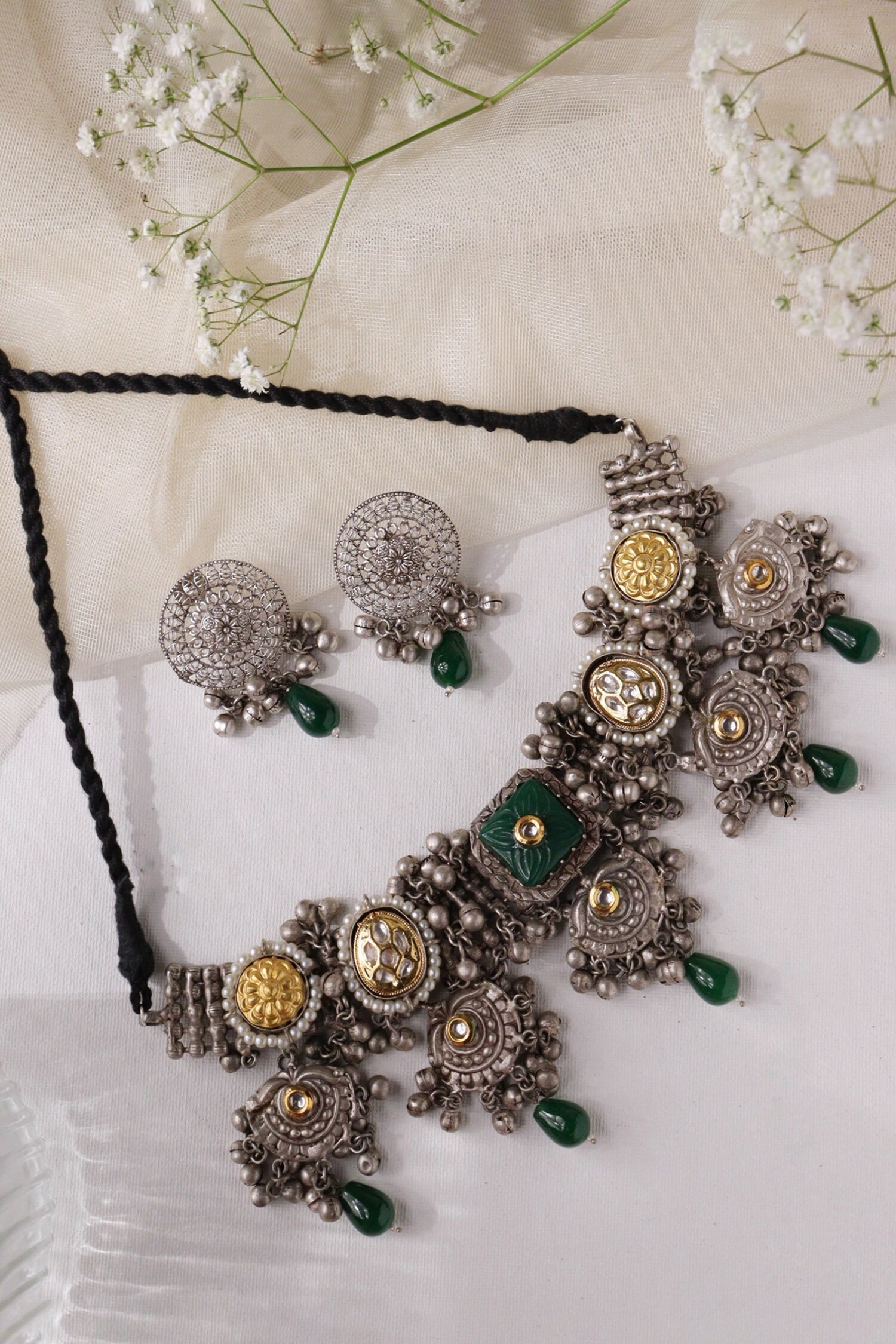 Buy Silver Plated Oxidised Aria Dual Tone Emerald Choker Set by Curio ...