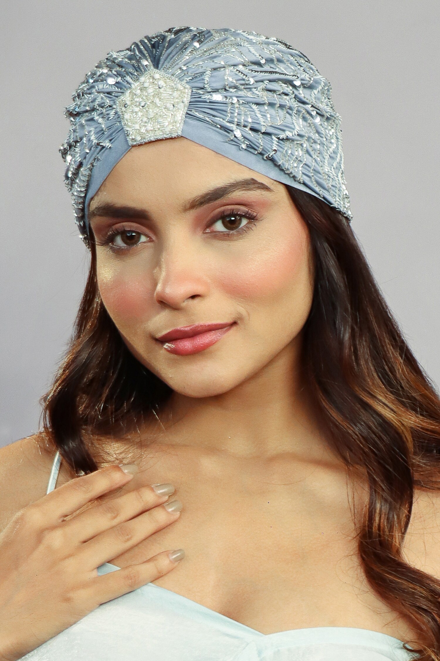 Buy Grey Sequins And Glass Beads Embellished Turban by Hair Drama Co ...