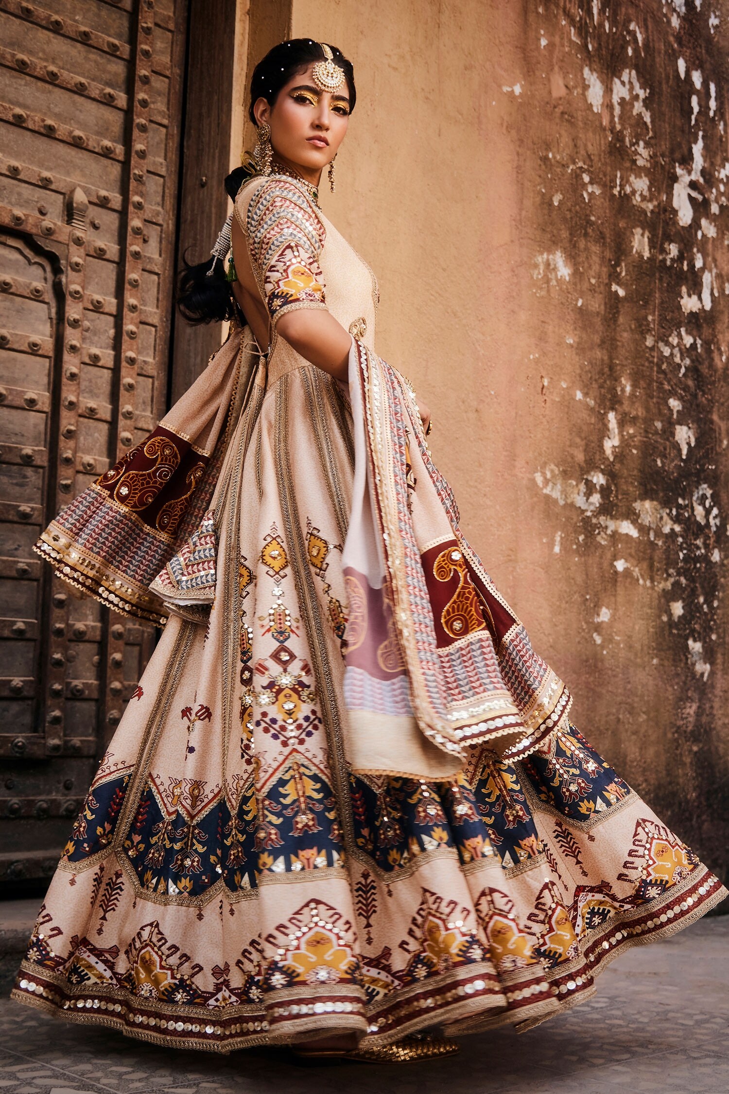 Buy The Royaleum Beige Aztec Print Anarkali With Dupatta Online | Aza ...