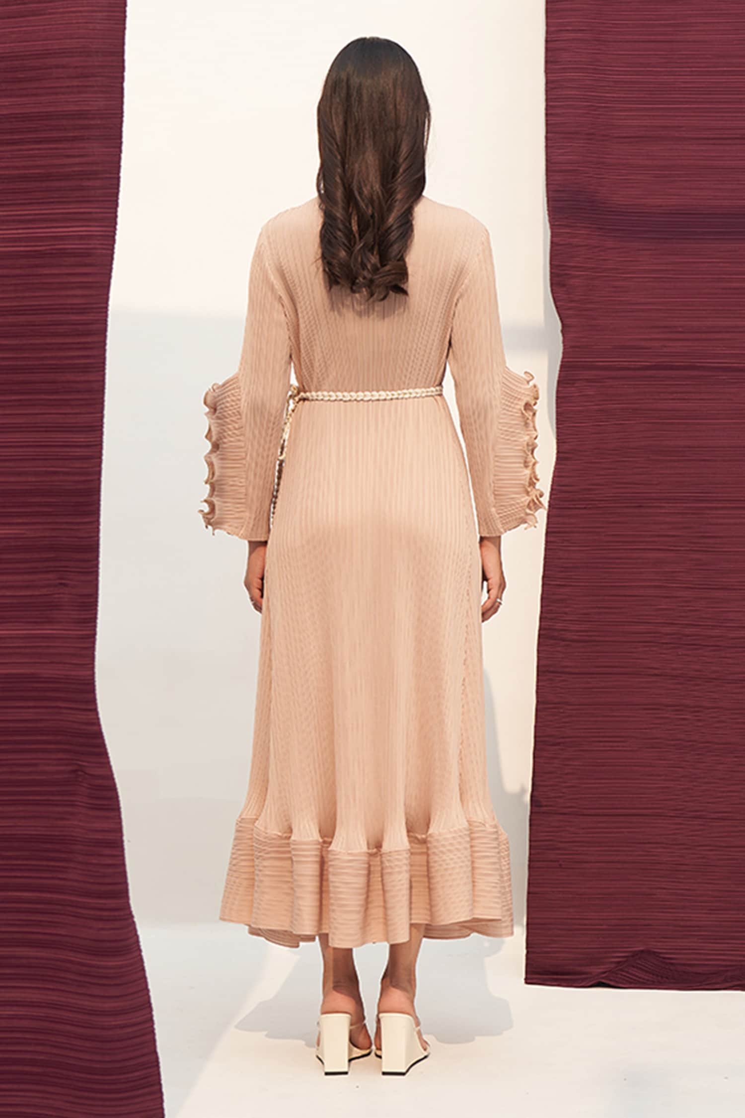 Buy Pleats By Aruni Beige Polyester Frill Sleeve Pleated Dress Online ...