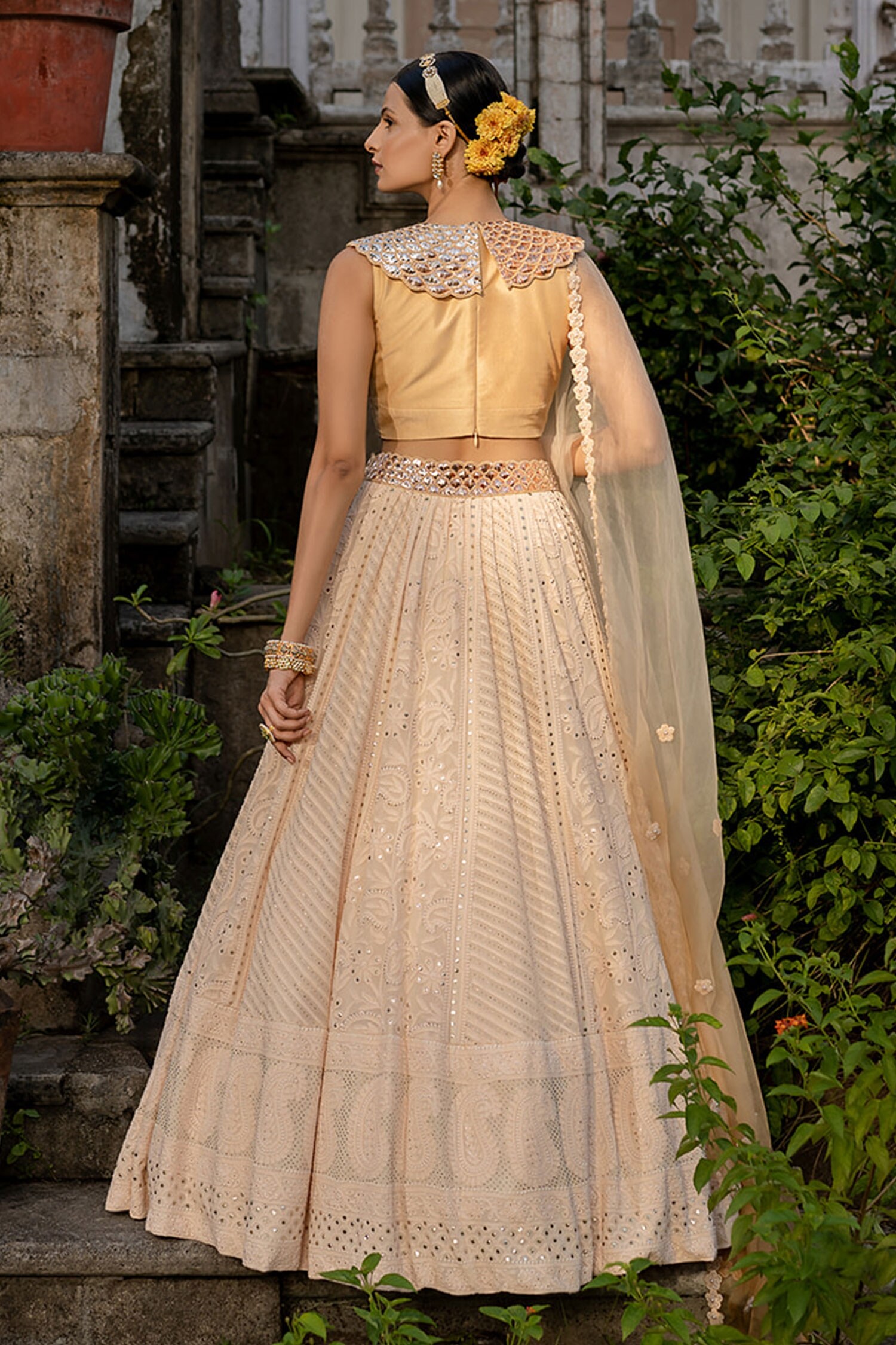 Buy Amrin khan Gold Georgette Chikankari Embroidered Lehenga Set Online ...
