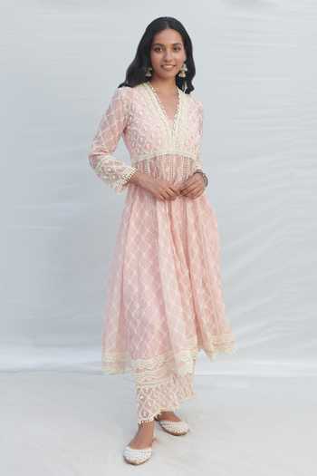 Buy Mulmul Pink Pure Mulmul Dori Embroidered Anarkali With Pant Online ...