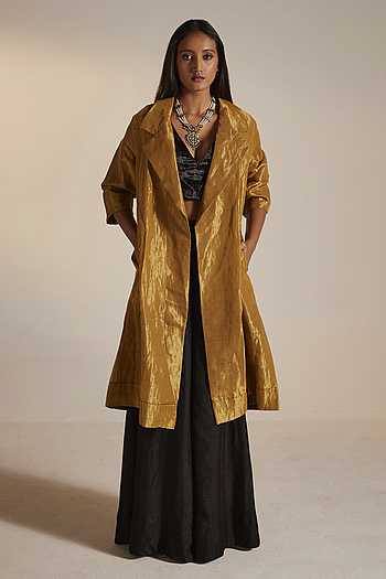 Buy Gold Handloom Tissue Plain Notched Lapel Collar Sally Jacket For ...