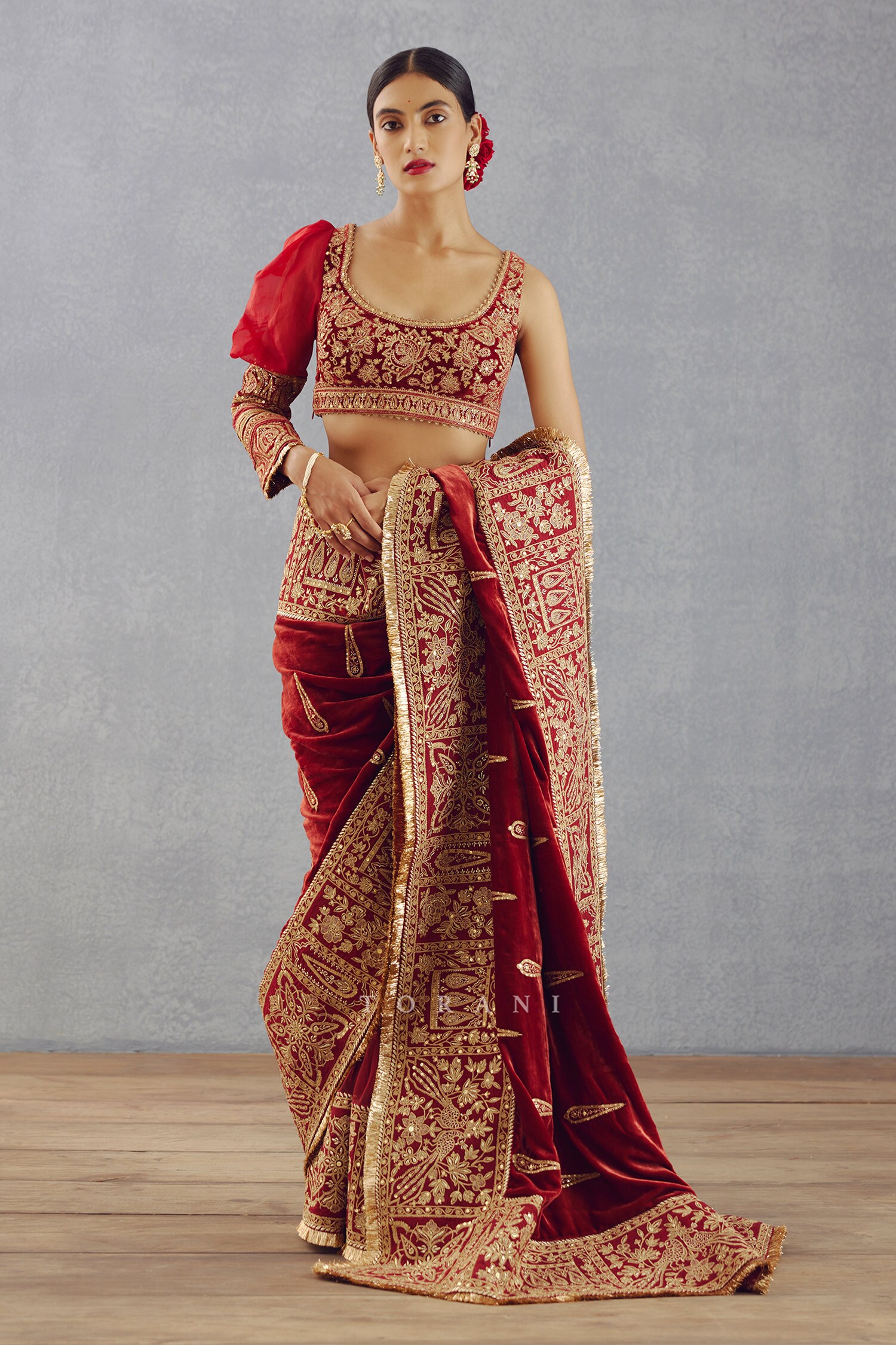 Buy Red Silk Velvet Embroidered Adda Sindoori Mahnoor One Sleeve Blouse ...