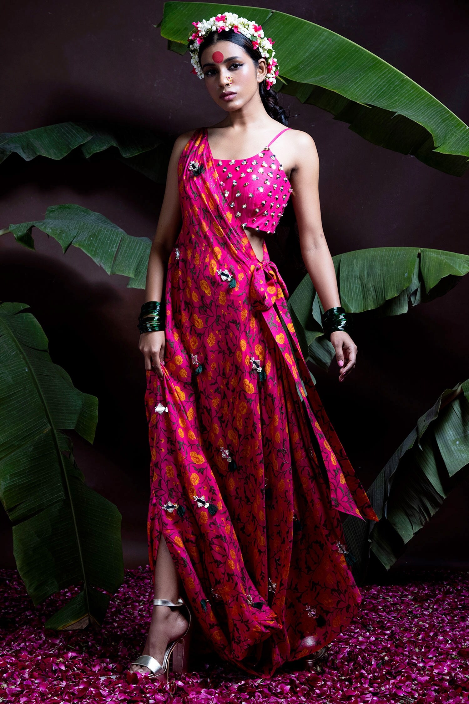 Buy Yogita Kadam Pink Muslin Side Tie-up Draped Dress And Choli Set ...