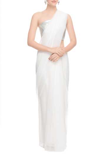 Buy Vandana Sethi Silver Sequined One-shoulder Saree Blouse Online ...