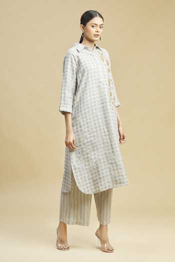 Buy Beige 100% Linen Shirt Collar Checkered Tunic For Women by Linen ...