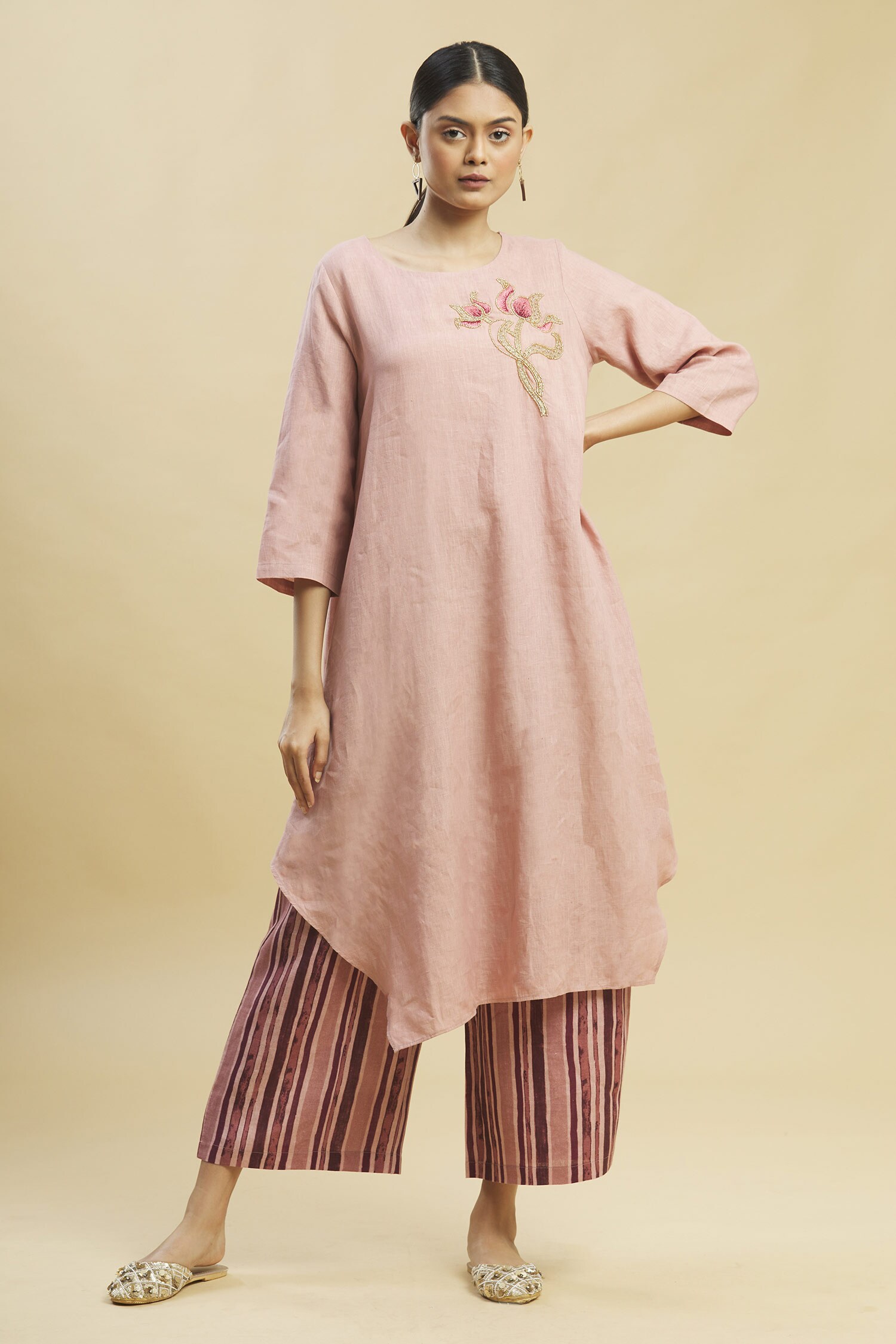 Buy Beige 100% Linen Striped Pant For Women by Linen Bloom Online at ...