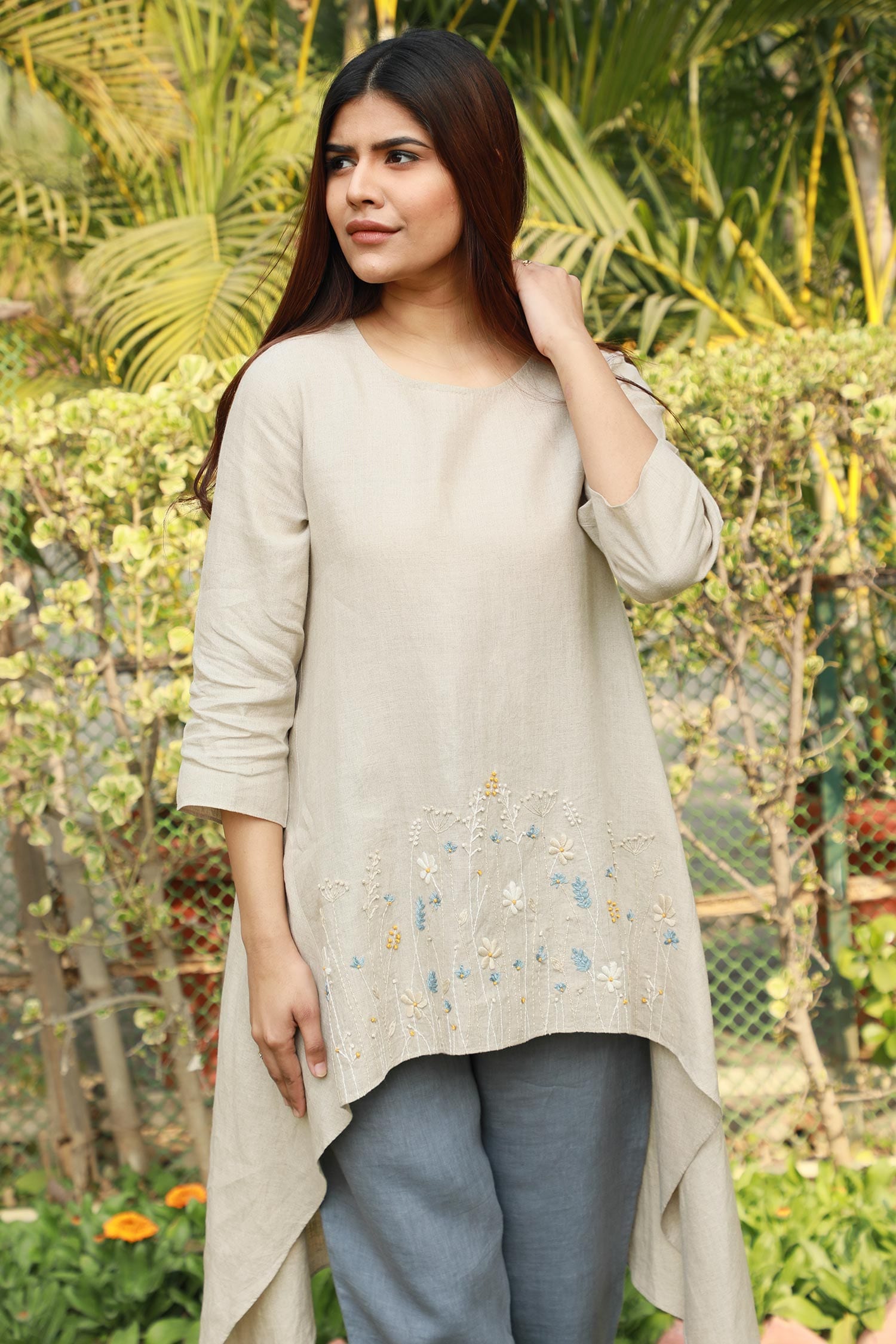 Buy Linen Bloom Beige Linen Asymmetric Tunic Online | Aza Fashions